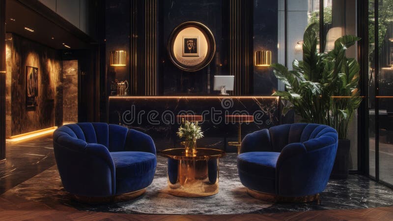 Luxurious Hotel Lobby Interior with Blue Velvet Chairs Stock ...