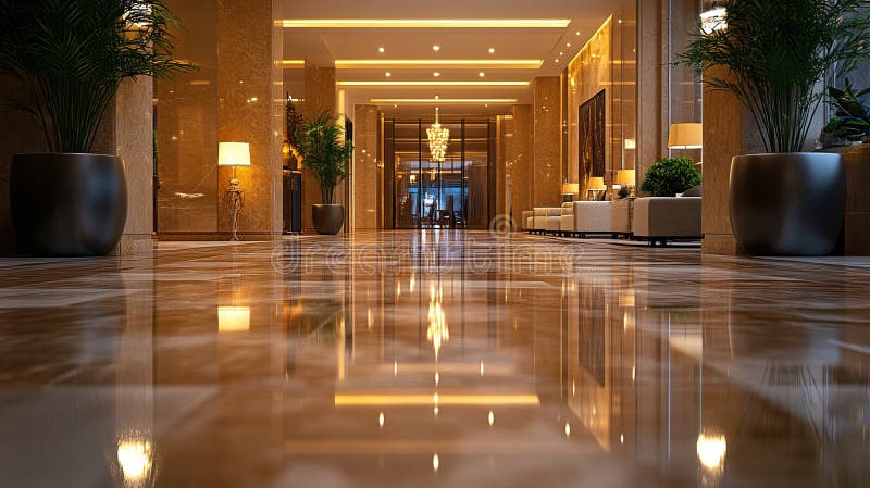 Luxurious Hotel Lobby Interior with Marble Floors, Lighting, and Plants ...