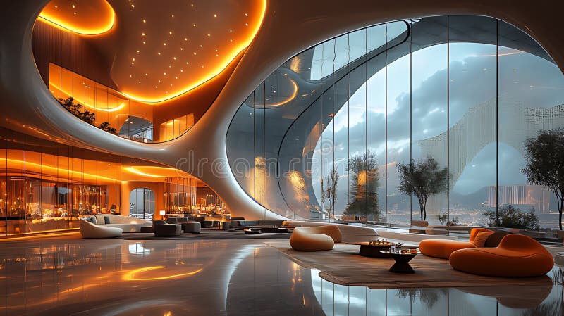 Luxurious Hotel Lobby, Panoramic View, Sunset, Mountains Stock ...