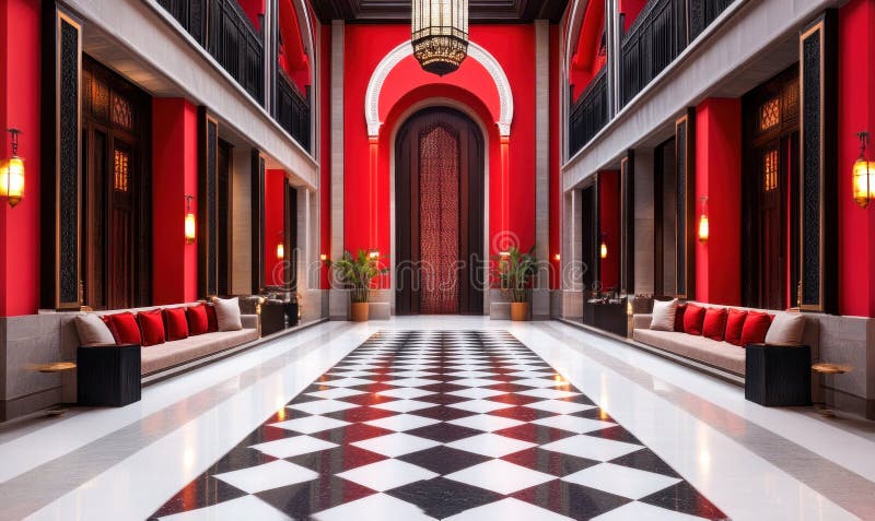 Luxurious Hotel Lobby with Red Sofas and Warm Lighting Stock ...