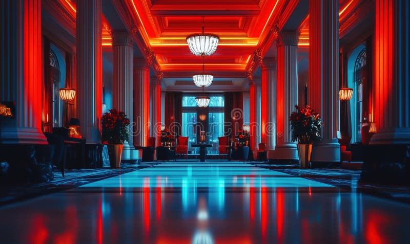 Luxurious Hotel Lobby with Vibrant Red and Blue Lighting, Elegant ...