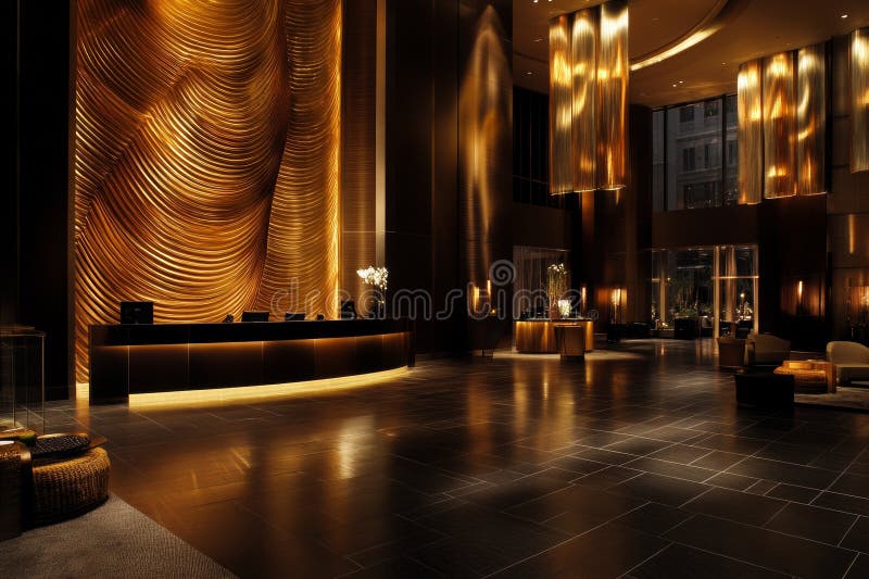 A Luxurious Hotel Reception Boasts an Impressive Bronze Wave Design on ...