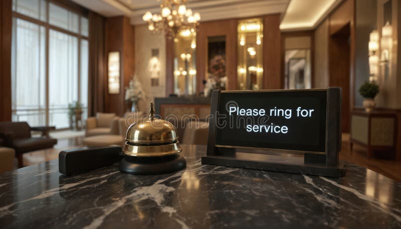 Luxurious Hotel Reception Features Digital Service Display and Brass ...