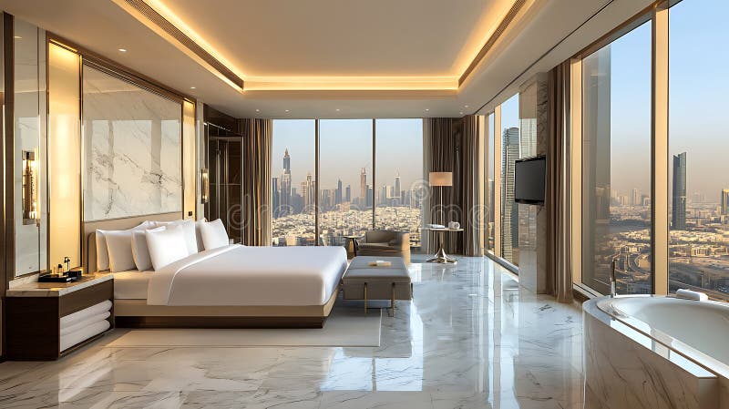 Luxurious Hotel Room with City Skyline View, Modern Design Stock ...