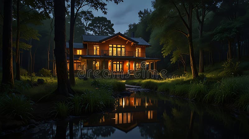 Luxurious House in a Night Forest with Luminous Windows Stock ...