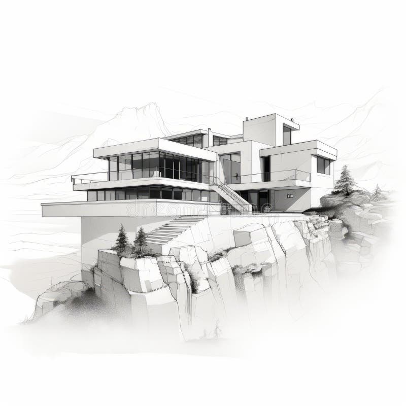 Luxurious Cliffside House with Immersive Vray Tracing Renderings Stock ...