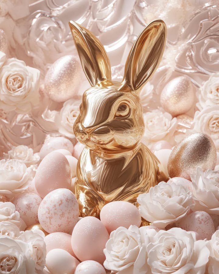 Luxurious Hyperrealistic Easter Scene Featuring a Golden Bunny and ...