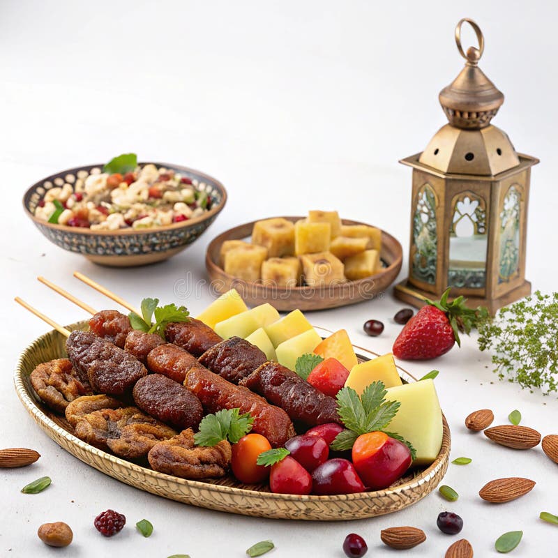 Luxurious Iftar Platter with Dates Kebabs and Fruit Salad Stock ...