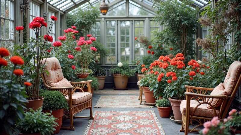 Luxurious Indoor Conservatory with Vibrant Red Flowers and Comfortable ...