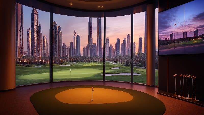 Luxurious Indoor Golf Simulator with City Skyline View Stock Photo ...