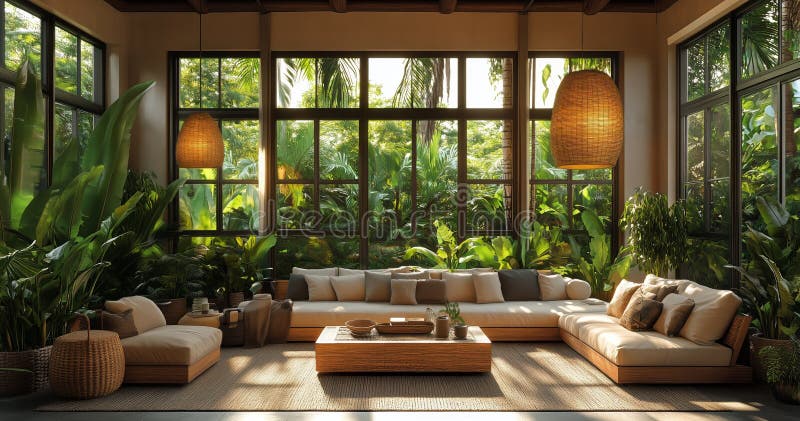 Luxurious Indoor Lounge Surrounded by Lush Greenery in a Modern Home ...