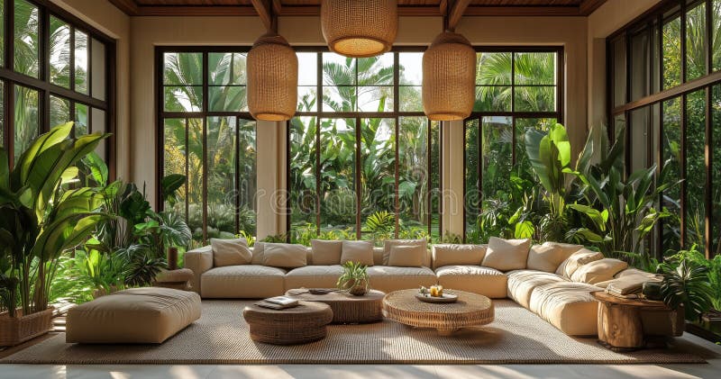 Luxurious Indoor Lounge Surrounded by Lush Greenery in a Modern Home ...