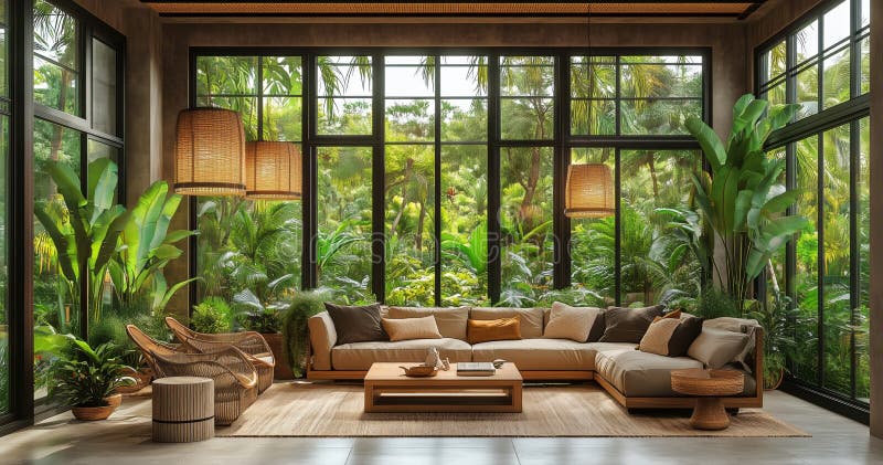 Luxurious Indoor Lounge Surrounded by Lush Greenery in a Modern Home ...