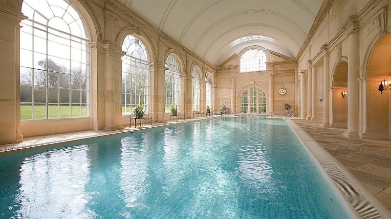 Luxurious Indoor Pool with Arched Windows Stock Illustration ...