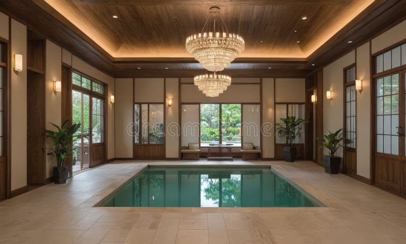 Luxurious Indoor Pool Area Features Rectangular Pool with Glass Wall ...