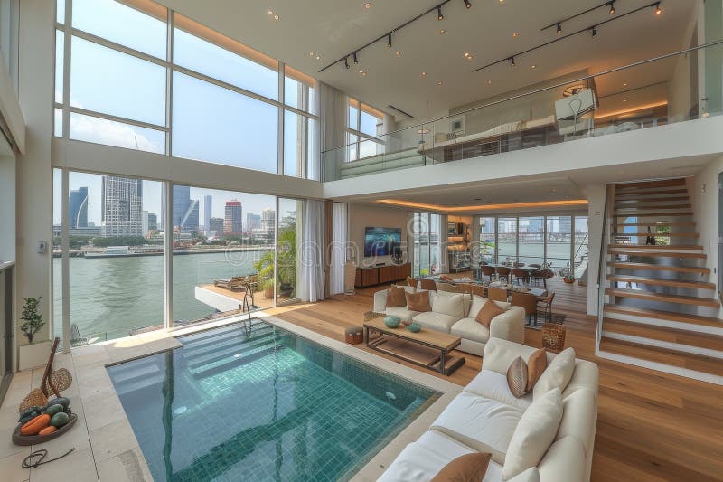 Luxurious Indoor Pool Area with Panoramic Windows and Stylish Decor ...