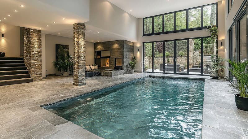 Luxurious Indoor Pool with Fireplace Stock Illustration - Illustration ...