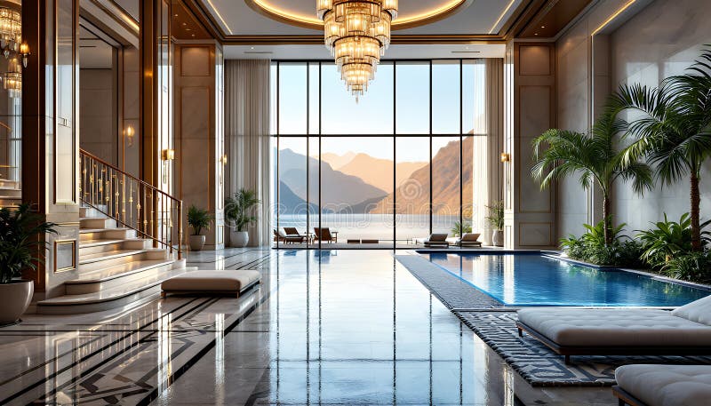 Luxurious Indoor Pool with Mountain View and Elegant Decor Stock ...