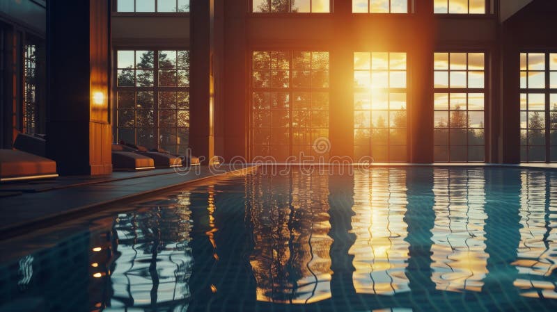Luxurious Indoor Swimming Pool Bathed in the Warm Glow of Sunset ...