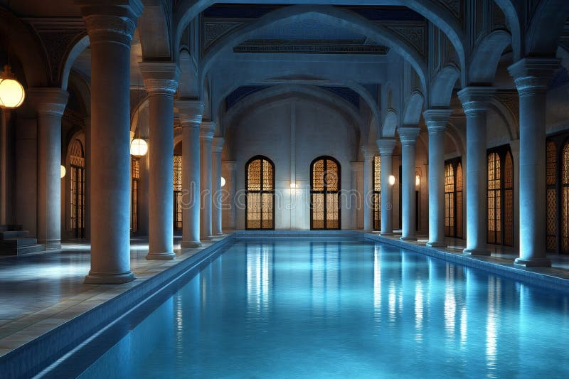 Luxurious Indoor Swimming Pool with Columns and Arches in a Palace ...