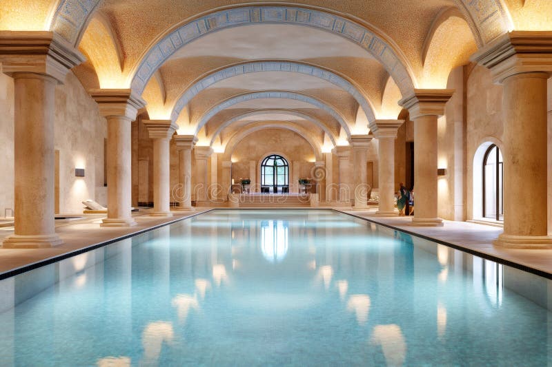 Luxurious Indoor Swimming Pool Reflecting Lights in Elegant Spa Stock ...