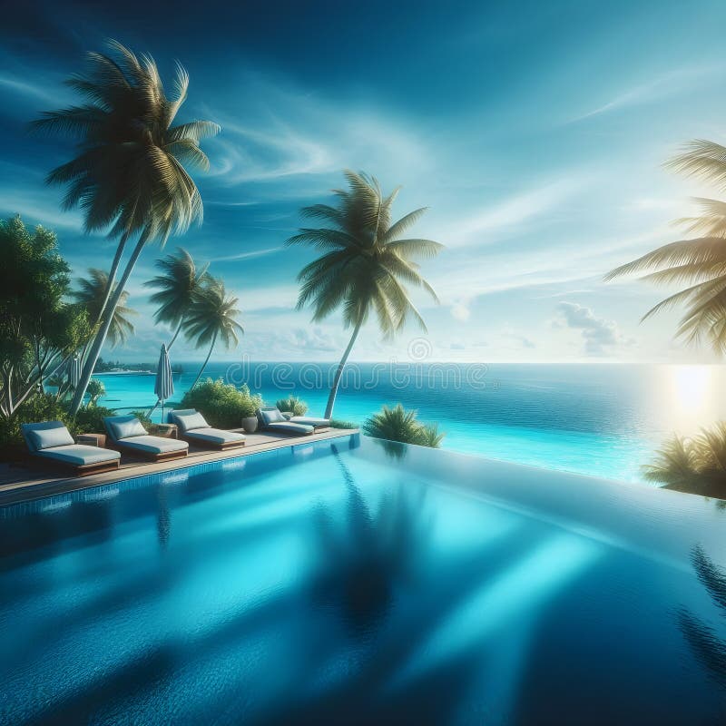 Infinity Pool Overlooking Tropical Ocean at Sunset with Palm Trees and ...