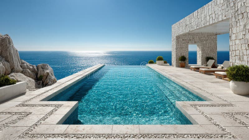 Luxurious Infinity Pool Overlooking Crystal Blue Ocean with Clear Sky ...