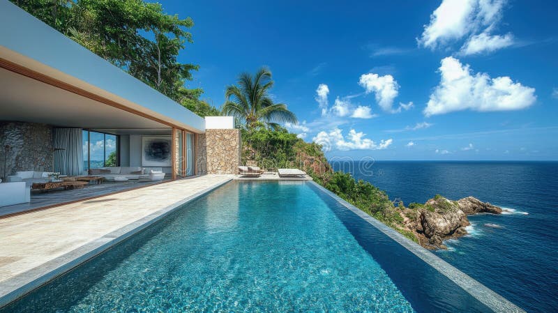 Luxurious Infinity Pool Overlooking Ocean Cliffs in Tropical Outdoor ...