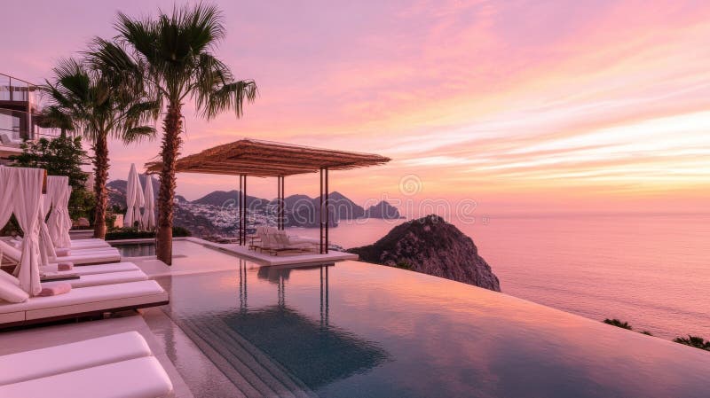 Luxurious Infinity Pool Overlooking Serene Ocean at Sunset Stock ...