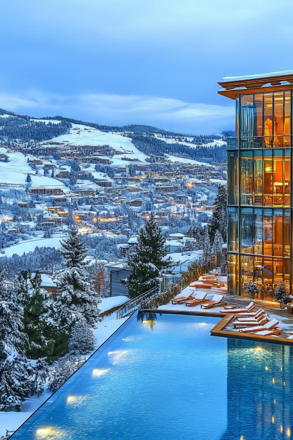 Luxurious Infinity Pool Overlooking Snowy Mountain Village, Illuminated ...