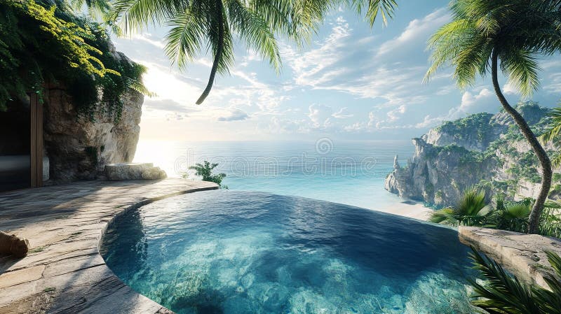 A Luxurious Infinity Pool Overlooking a Tropical Beach. Picture Stock ...
