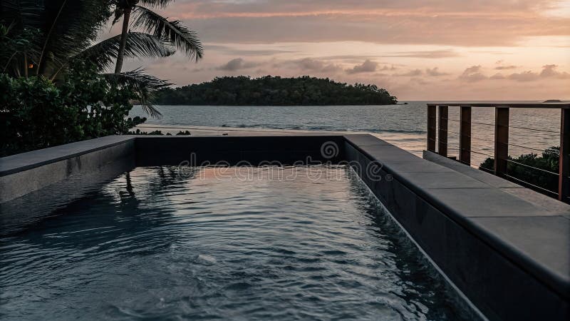 Luxurious Infinity Pool Overlooking Tropical Island at Sunset Stock ...
