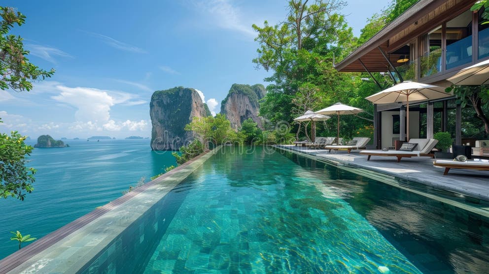A Luxurious Infinity Pool Overlooking a Tropical Island with Turquoise ...