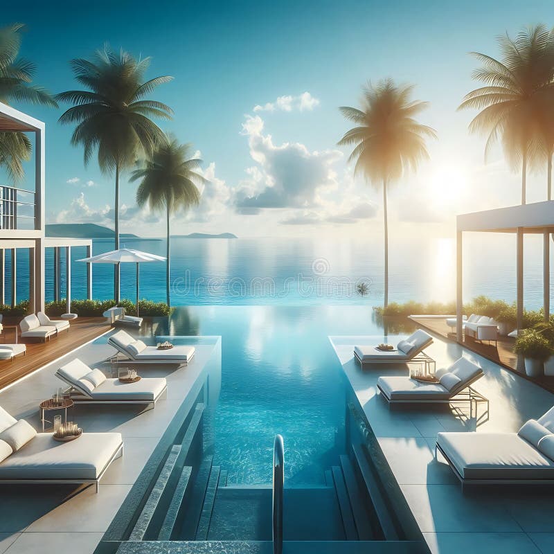 Luxurious Infinity Pool Overlooking Tropical Ocean Sunset Stock ...