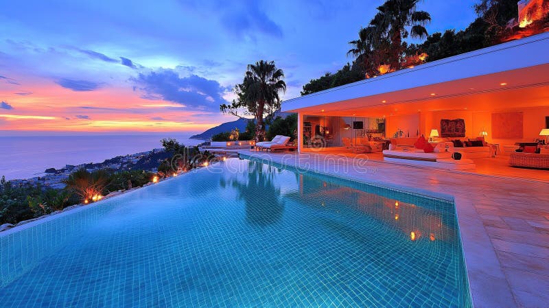 Luxurious Infinity Pool Villa with Ocean View at Sunset Stock ...