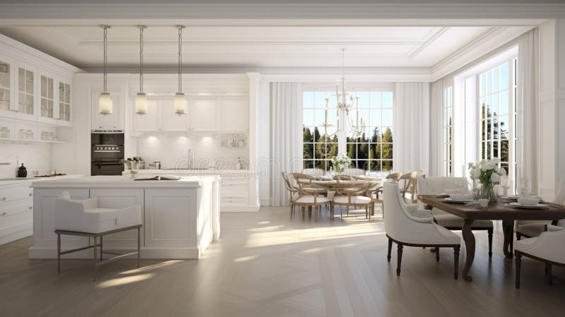 Luxurious Interior Design of White Kitchen, Dining Room with Windows ...