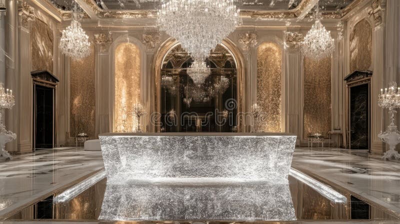 Luxurious Interior Featuring a Crystal Chandelier and Illuminated Water ...