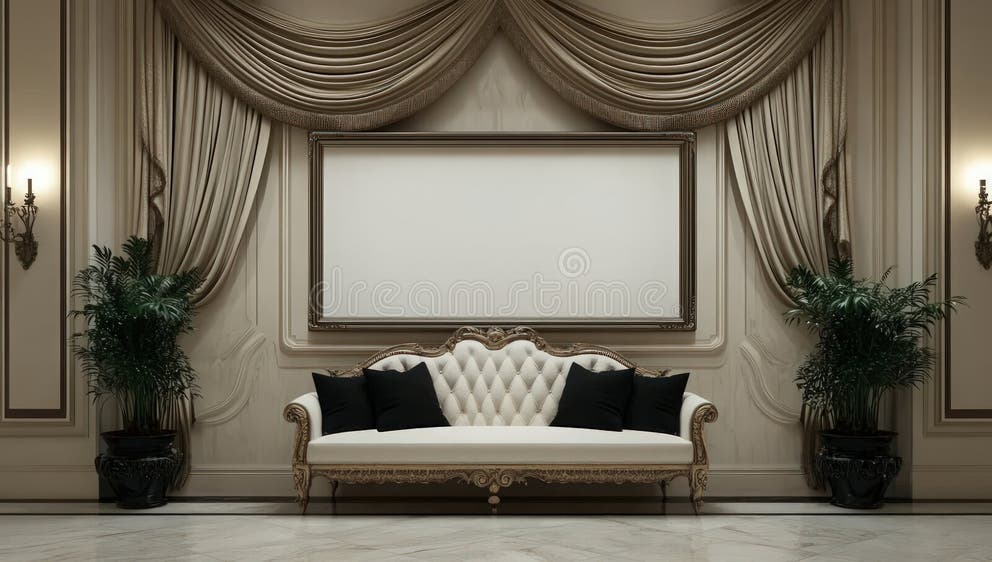 Luxurious Interior Featuring a Large Empty Frame, Cream Couch, and ...