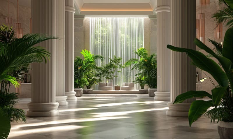 Luxurious Interior with Greenery and Waterfall, Elegant Columns, Serene ...