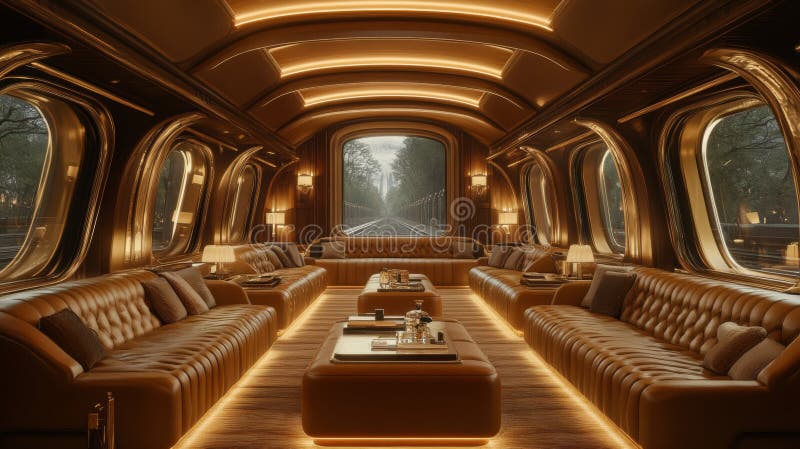 Luxurious Interior of a Modern Train Car with Leather Seating and Large ...