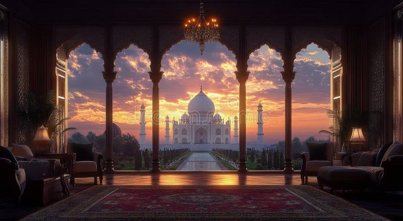 Luxurious Interior with Panoramic View of Taj Mahal at Sunset in India ...