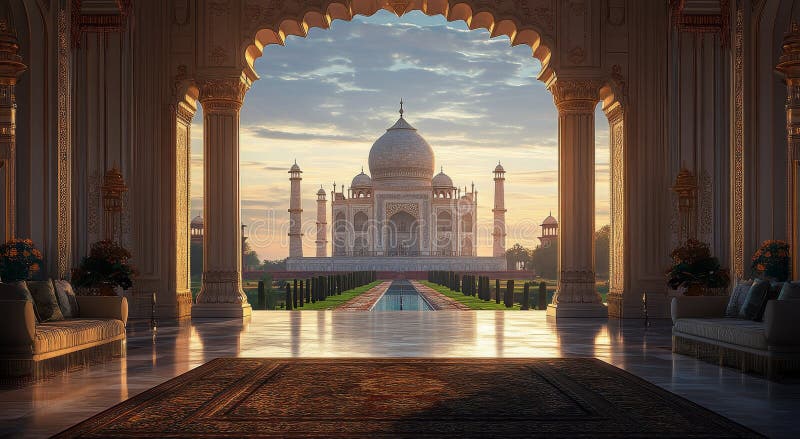 Luxurious Interior with Panoramic View of Taj Mahal at Sunset in India ...