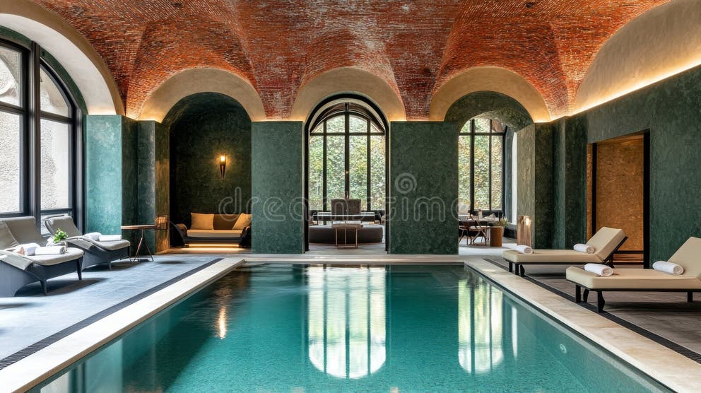The Luxurious Interior at the Poolside Boasts Arched Windows, Red Neon ...