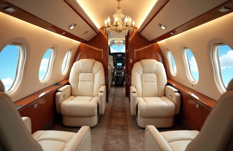 Luxurious Interior of Private Jet, Featuring Comfortable Leather Seats ...