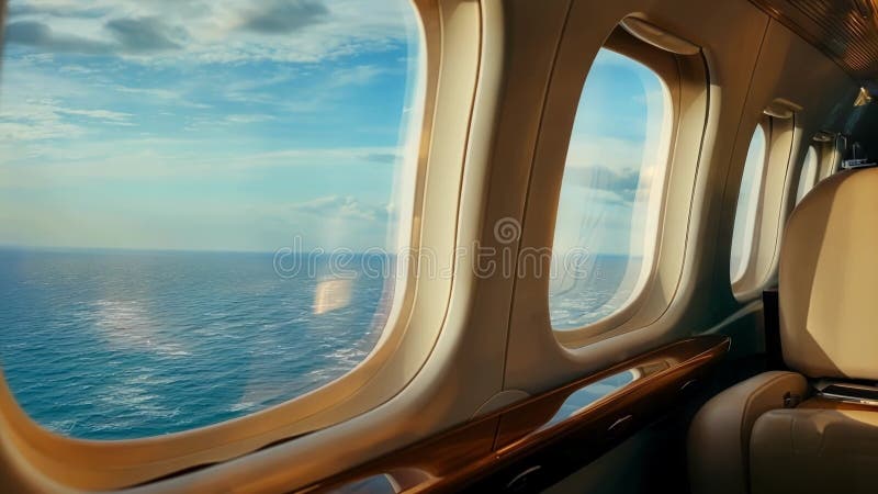 Private Jet Interior Overlooking a Vast Ocean View Stock Footage ...