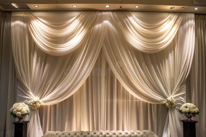 Elegant Wedding Backdrop with Draped Curtains and Floral Arrangements ...