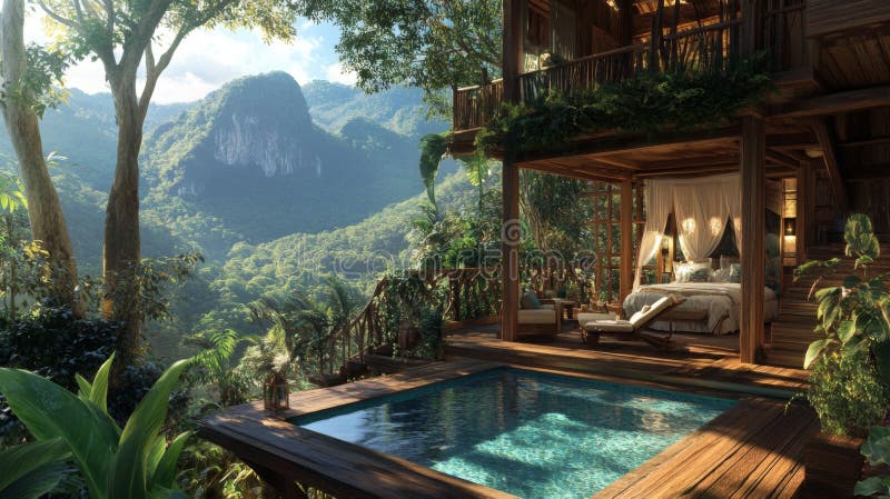 Luxurious Jungle Treehouse with Pool and Mountain View Stock ...