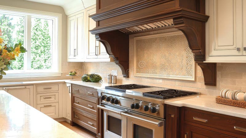 Luxurious Kitchen Design with Custom Range Hood and Beige Tile ...
