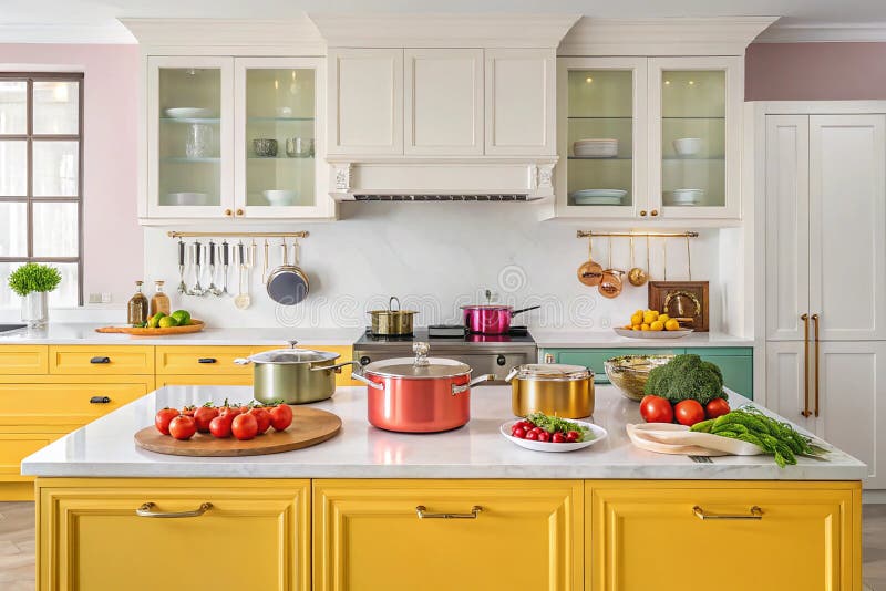 Luxurious Kitchen. Frontal Image of Brightly Coloured Luxurious Modern ...