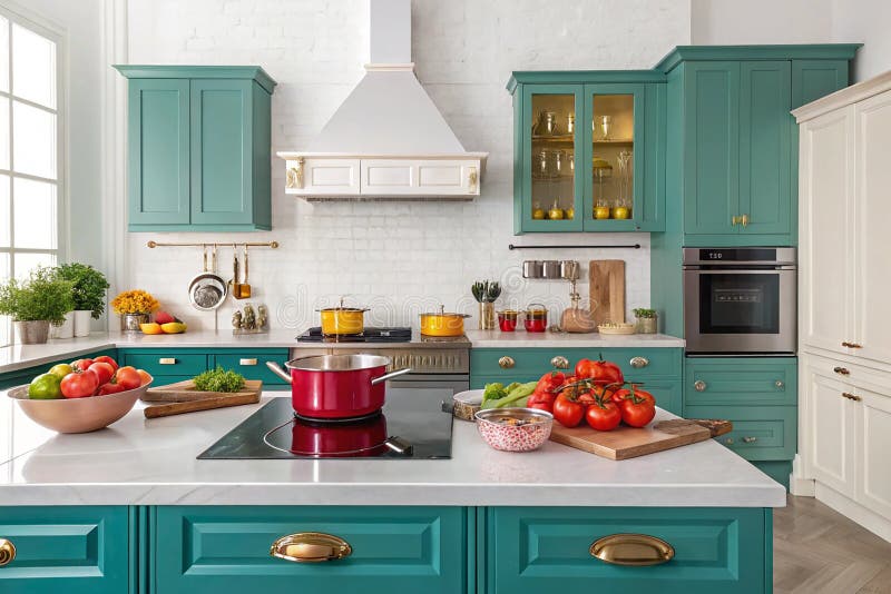 Luxurious Kitchen. Frontal Image of Brightly Coloured Luxurious Modern ...